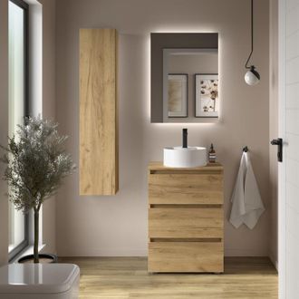 Cygnus Bath Meuble de salle de bain BEQUIA 3C 60cm Ch&ecirc;ne Vasque &agrave; poser Porcelaine Centrale