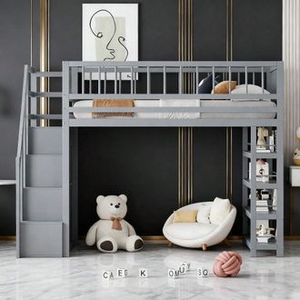 Generic Hochbett 90x200 cm, Massivholzbett Grau | Mit Kleiderschrank, Regalen, Sicherheitsleiter | Multifunktionsbett, Hochzaun-Design