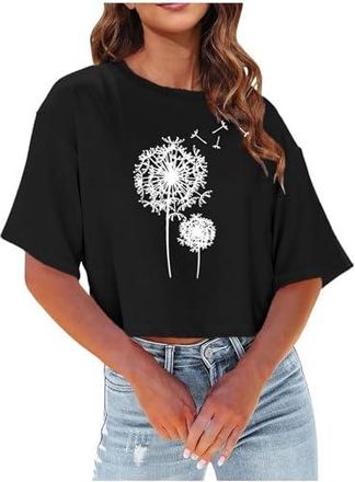 Generic Haut court &agrave; manches courtes pour femme &agrave; col rond 2025 - D&eacute;contract&eacute; - Demi-chemises de sortie - Coupe ample - Tendance - Joli t-shirt d&eacute;t&eacute;, Noir, XX