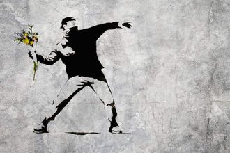1art1 Banksy Poster Der Blumenwerfer, Graffiti Streetart Bilder Leinwand-Bild Auf Keilrahmen | XXL-Wandbild Poster Kunstdruck Als Leinwandbild 120x80 cm