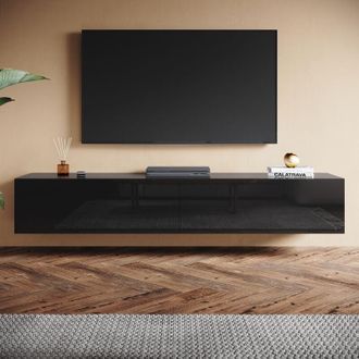 Sonni TV Schrank mit Schublade, Wandmontage/Standmontage, Moderner Hochglanz TV Board, Geeignet für Wohnzimmer und Schlafzimmer, Schwarz, 1800 x 400