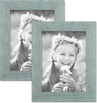 Photolini Bilderrahmen 15x20 cm Holz Blau, 2er Set Echtholz-Rahmen rustikal, Strandhaus, Made in Germany, Echtglas, zum Aufhängen & Aufstellen, extra Zubehör - 