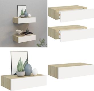 vidaXL Wandregale mit Schubladen 2 Stk. Eichen-Optik Wei&szlig; 40x23,5x10cm - Wand Regal - Regal Mit Schublade - Holz Regal - Eichene Optik - Wohnzimmer M&ouml;bel