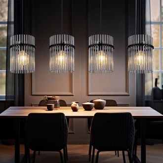 Globo Lighting Lampe &agrave; suspension noire Lampe de table &agrave; manger 4 flammes verre fum&eacute; Lampe &agrave; suspension, m&eacute;tal noir, 4x led 9W 810Lm blanc chaud, h 140 cm