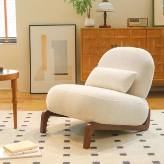 Elbe Fauteuil dAppoint sans Accoudoirs - Velours, Pieds Bois Massif - Coussin Rembourr&eacute;, Blanc