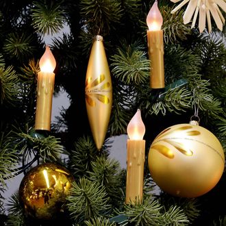 Hellum Lichterkette LED Filament, Wachstropfen, Flammeneffekt, Made in Germany, Kerzen mit Clip, 20 Lichter, beleuchtete L&auml;nge 13,3 m, warmwei&szlig;, Schaft gold,