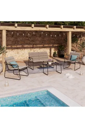 ambia GARDEN Gartenset, Anthrazit, Grau, Teak, Metall, Glas, 4-teilig, Uni, F&uuml;llung: Polyester, Vlies, 115x75.5x74 cm, wetterfest, Tisch mit Glasplatte, geeignet f