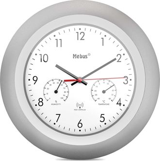 Mebus Funk-Wanduhr mit Thermometer und Hygrometer/silberner Rahmen/weißes Zifferblatt / 29cm Durchmesser/Rund/Modell: 19450 / Farbe: Silber, Weiß