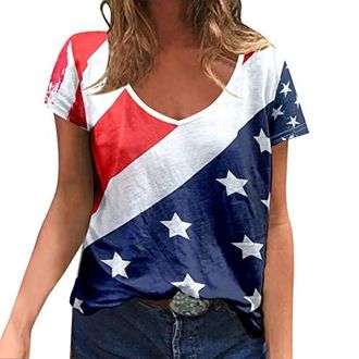 Janly T-shirts Personnalis&eacute; Peint &agrave; la Main Femme T-shirt avec Drapeau Am&eacute;ricain Col en V pour le Jour de lInd&eacute;pendance T-shirt surdimensionn&eacute; pour Femmes G