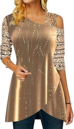 ORANDESIGNE T-Shirt à Manches Longues Femme Hauts Longs Paillettes Tunique Col Rond Hauts à Une épaule Chemisiers Grande Taille Paillettes Tee Shirt Longues Blous