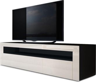 Vladon Lowboard Valencia, Made in Germany, TV-Kommode mit 1 offenem Fach und 2 Klappen, Schwarz matt/Creme Hochglanz/Creme Hochglanz (155 x 46 x 40 cm)