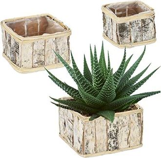 Relaxdays Blumentopf, 3 Gr&ouml;&szlig;en, rechteckig, Birke, Pflanzent&ouml;pfe mit Folie, Pflanzk&ouml;rbe f&uuml;r innen und au&szlig;en, wei&szlig;/Natur