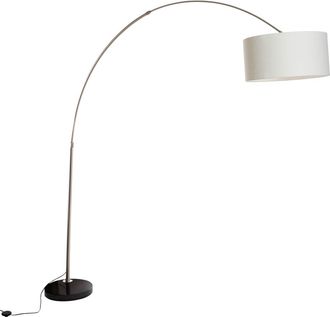 QAZQA Modern Bogenlampe Stahl I Silber I nickel matt Stoffschirm weiß 50 cm - XXL I Wohnzimmer - Stahl Länglich - LED geeignet E27