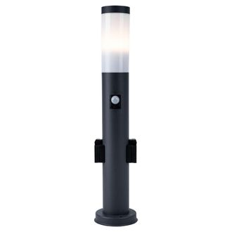 Globo Lighting Au&szlig;enleuchte Stehleuchte mit Bewegungsmelder Edelstahl Wegeleuchte Sockelleuchte Gartenleuchte anthrazit, mit 2 Steckdosen, IP44, 1x E27, DxH 13,1x60 