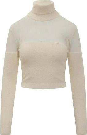 Elisabetta Franchi Femme, Pulls, Blanc, Taille: 42 FR Top Col Roul&eacute; avec Logo Bijou