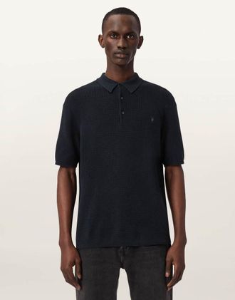 AllSaints Kurz&auml;rmliges Polohemd in Bond Blue mit Waffelstruktur und Rundhalsausschnitt-Blau
