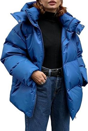 Generic Doudoune dhiver courte &agrave; capuche matelass&eacute;e chaude pour femme, bleu, XL