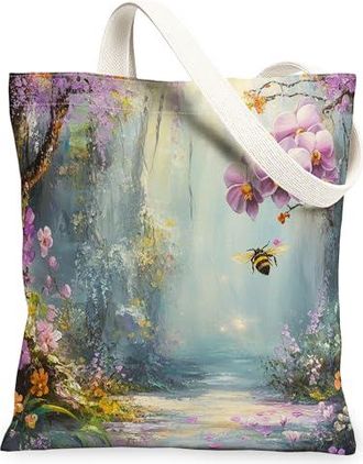 Generic Sac fourre-tout en toile motif orchid&eacute;es printani&egrave;res pour le shopping, 33 x 38 cm, motif for&ecirc;t, fleurs, abeilles, sac d&eacute;picerie r&eacute;utilisable pour fem