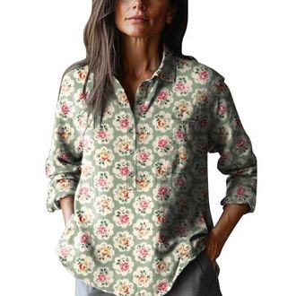 Generico Chemise Femme Curvy &agrave; Manches Longues Blouse en Lin Coton D&eacute;contract&eacute; Respirant T Shirt Col en V Classique Chemisier Vintage Fantaisie avec Boutons Mo