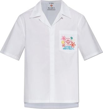 Casablanca Homme, Chemises, Blanc, Taille: XL Collage DIcones Graphiques Embroidered Short Sleeve Shirt