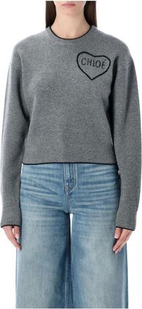 Chlo&eacute; Femme, Pulls, Gris, Taille: 38 FR Cropped Fitted Logo Sweater