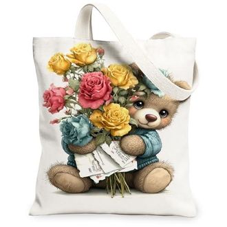 Generic Sacs fourre-tout en toile motif ours floral, sacs d&eacute;picerie r&eacute;utilisables, sacs d&eacute;picerie r&eacute;utilisables, l&eacute;gers et lavables, blanc, 13x15 Inch