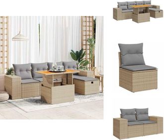 vidaXL 6-tlg. Garten-Sofagarnitur mit Kissen Beige Poly Rattan Akazie - Garten Sofagarnitur - Garten Sofagarnituren - Outdoor Sofagarnitur - Sofagarnitur