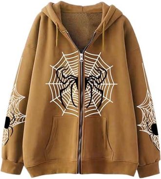 Generic Vestes pour femmes 2026 &agrave; capuche &agrave; fermeture &eacute;clair r&eacute;tro d&eacute;contract&eacute;e, marron, XXL