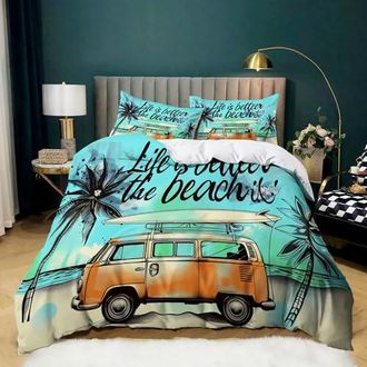 Generic Color&eacute; Housse de Couette 240x260 cm avec 2 Taies doreiller 65x65 cm - Van de Plage Cocotiers Parure de Lit - Ensembles de Housses de Couette en Microf