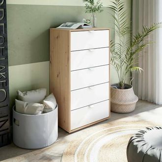 Dmora Kommode Crosby, Mehrzweckkommode, Schlafzimmerkommode, Schrank mit Schubladen, 60x40 h109 cm, Wei&szlig; und Knoteneiche