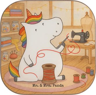 Mr. & Mrs. Panda Untersetzer Gl&auml;ser Einhorn N&auml;herin Design - Geschenk, f&uuml;r, Freundin, Unicorn, Coaster, Holzuntersetzer, Tischuntersetzer, Einh&ouml;rner, Stricken, Glas, g