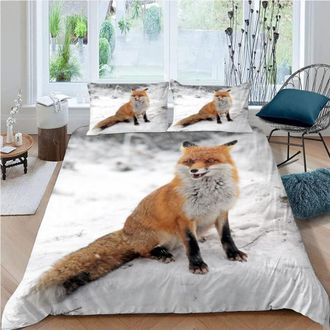 Generic Bettw&auml;sche 220x240 cm Fuchs 3 Teilig Bettbezug 220 x 240 Verschneite Landschaft Bettw&auml;sche-Sets 3D Weiche Mikrofaser Bettbezug Set mit Rei&szlig;verschluss 
