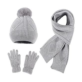 Generic Ensemble bonnet et gants dhiver en laine tricot&eacute;e pour femme - Ensemble de 3 pi&egrave;ces - &Eacute;charpe et gants, gris, taille unique