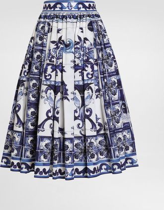 Dolce & Gabbana Midirock Aus Popeline Majolika-print - Frau R&ouml;cke Blau Baumwolle 38