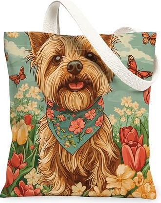 Generic Spring Yorkies Sac fourre-tout en toile pour faire du shopping 33 x 38,1 cm, sac &agrave; bandouli&egrave;re r&eacute;utilisable pour femme, peinture danimaux domestiques,