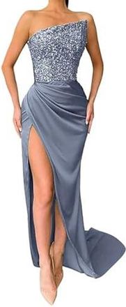 Generic Robe de soir&eacute;e scintillante &agrave; manches longues pour femme - Coupe ajust&eacute;e - Longueur genou - Robe de soir&eacute;e tendance pour invit&eacute;e de mariage, gris, M