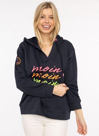 Zwillingsherz Hoodie Moin Moin Moin V-Ausschnitt, bunte Stickerei, Kapuze, Kordelzug