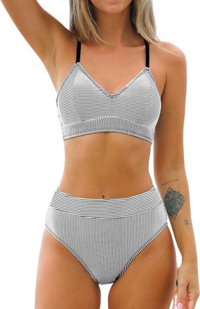 Cupshe Damen Bikini Set V Ausschnitt High Waist Lace Up Streifenmuster Bikini Bademode Zweiteiliger Badeanzug Swimsuit Weiß/Streifen XL