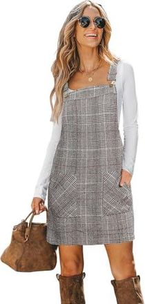 Cupshe Robe dautomne en velours côtelé avec poche avant et col carré, bretelles larges, style décontracté, Gris/carreaux, Taille XL