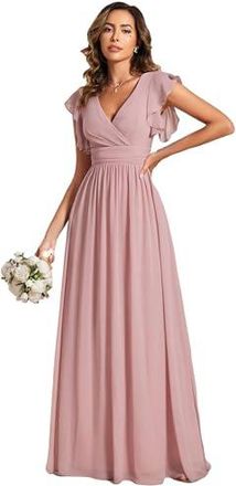 Ever-pretty Robe de Soirée Dos Nu pour Femme Manches Volantées Mousseline Col V Plissé Robe de Demoiselle dhonneur Longue Élégante Rose Poussiéreuse 48