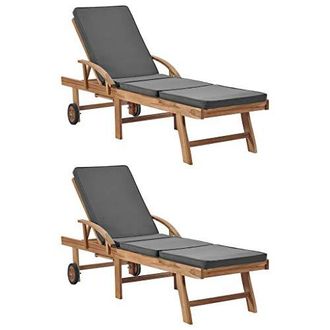 vidaXL 2X Bois de Teck Solide Chaises Longues avec Coussins Transat de Jardin Bain de Soleil de Terrasse Chaise Longue de Patio Ext&eacute;rieur Gris Fonc&eacute;