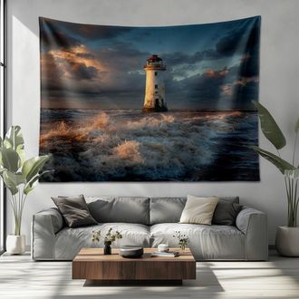 Generic Wandteppich Dekoration 230x180cm Meer Wellen Leuchtturm Weicher Mikrofaser UV-Schutz Blau Wandteppich f&uuml;r Wohnzimmer Schlafzimmer Esszimmer Studentenw