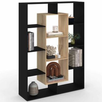 IDMarket B&uuml;cherregal Colette mit 11 F&auml;chern in Schwarz und Holzeffekt H.143 cm