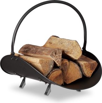 Relaxdays 3 tlg Kamin-Set, Kaminholztasche, Kaminholzkorb, Kohlenschaufel, Filz, Stahl, Henkel, faltbar, robust, schwarz/anthrazit