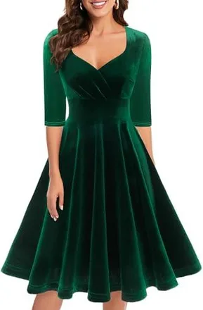 Bbonlinedress Robe de No&euml;l Soir&eacute;e Femme Chic Hiver Midi pour R&eacute;veillon Nouvel an Cocktail Mariage Bal Promo Col en V Manches Longue V-Dark Green 3XL