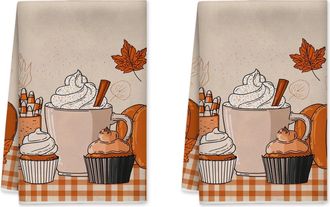 Generic Cupcake-Küchentücher, 2er-Set, Herbst-Fanciful Ahornblatt, Kaffeetasse, Orange, schnell trocknend, Küchenhandtücher, Küchenutensilien, 40,6 x 61 cm (2