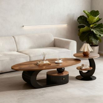 Generic 2PC Ovaler Couchtisch Freistehender Wohnzimmertisch mit gro&szlig;er Ablagefl&auml;che Couchtisch im Mid-Century-Modern-Stil Einfache Montage for Wohnung/Haus(Sc