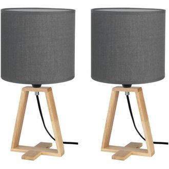 Forlight Nuts (2 pi&egrave;ces) Lampe de table nordique pour la chambre &agrave; coucher et le salon. Lampe de chevet en bois naturel et textile en gris pour la chambre &agrave;