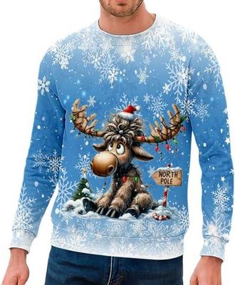 Generic Pull de Noël pour homme, amusant et fantaisie, imprimé graphique, motif imprimé, pull dhiver chaud à col rond, tendance, décontracté, tenue dextérieur