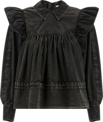 Ganni Femme, Blouses et Chemises, Noir, Taille: 38 FR Washed Frill Blouse